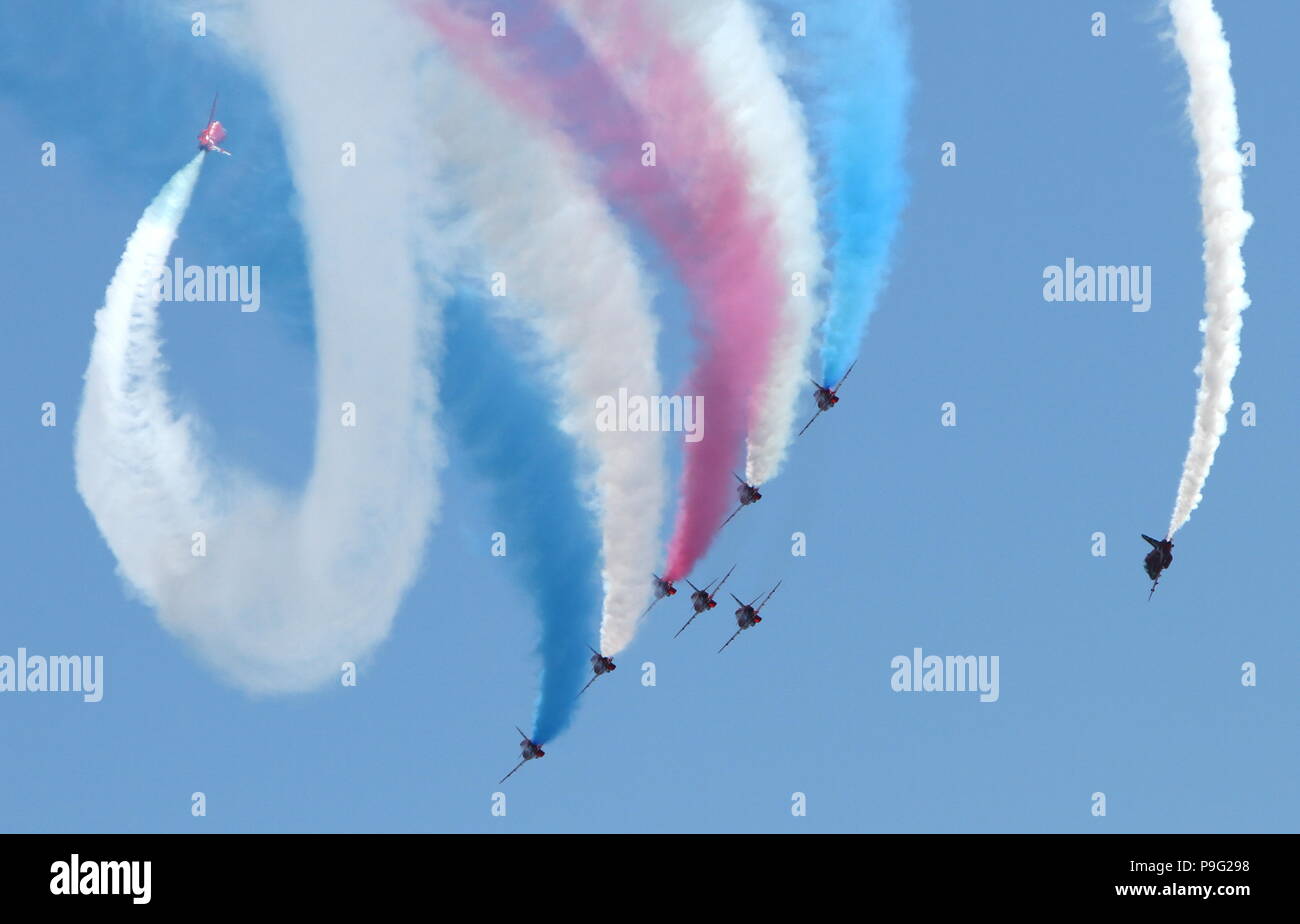 Torbay Airshow, Devon, England: The RAF Red Arrows display team flies ...
