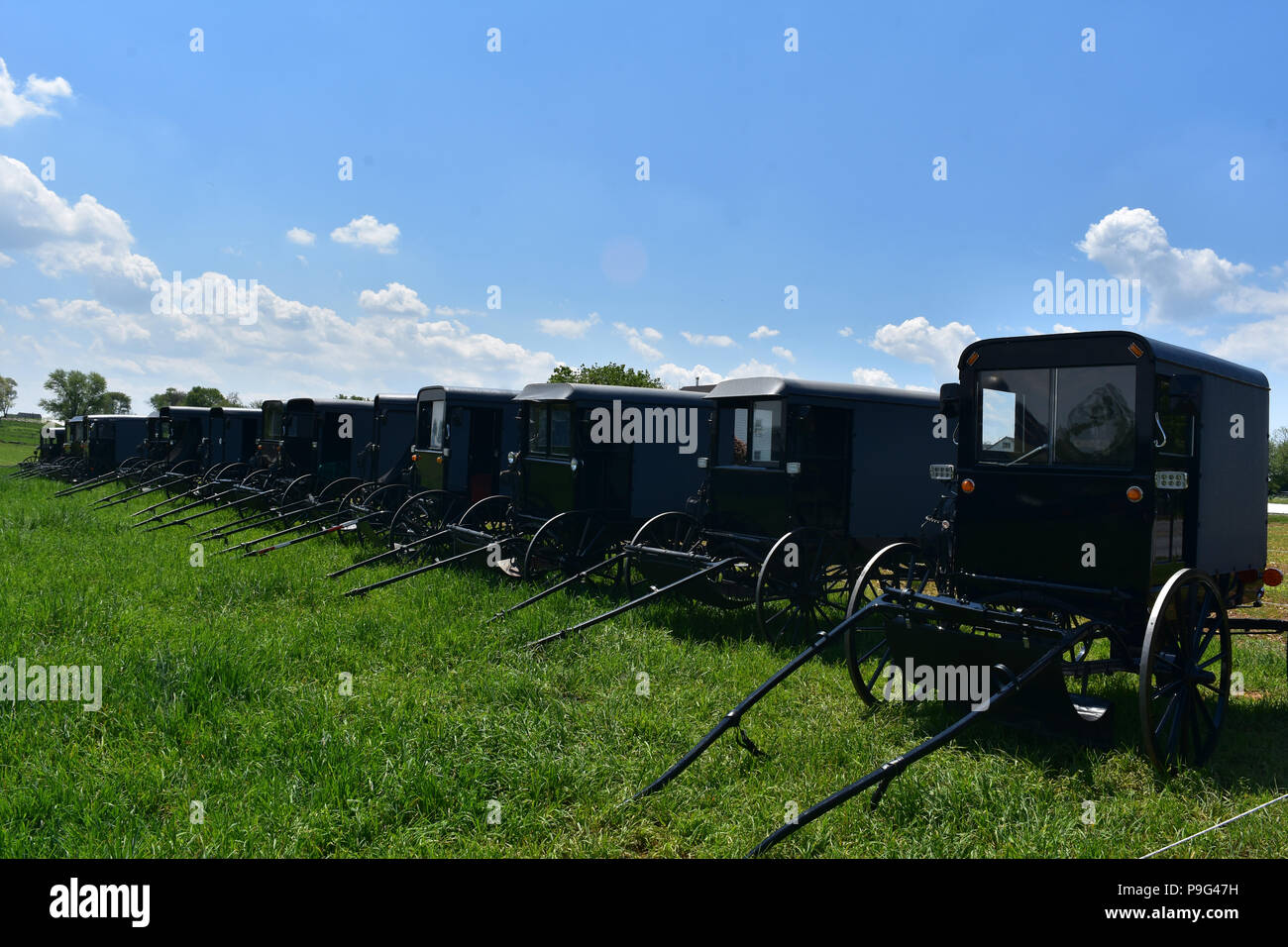Iconic Amish buggies parked in a farm field in Lancaster county Stock ...