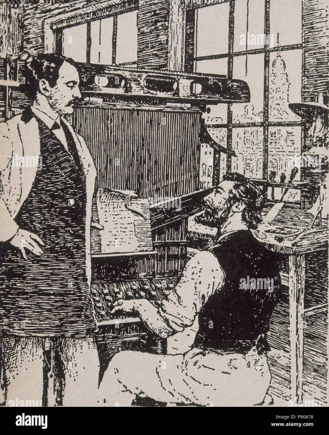 MERGENTHALER SHOWS THE LINOTIPIA MACHINE TO OGDEN REID, DIRECTOR OF THE ...