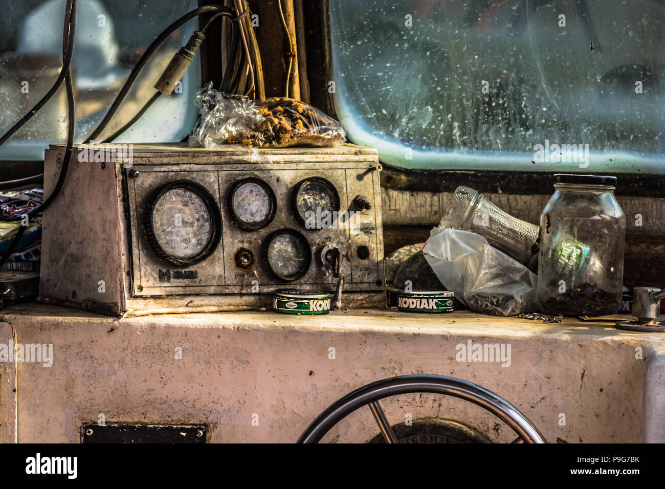 New Harbor, Maine - July 1, 2018: A lobster boat dashboard displays ...
