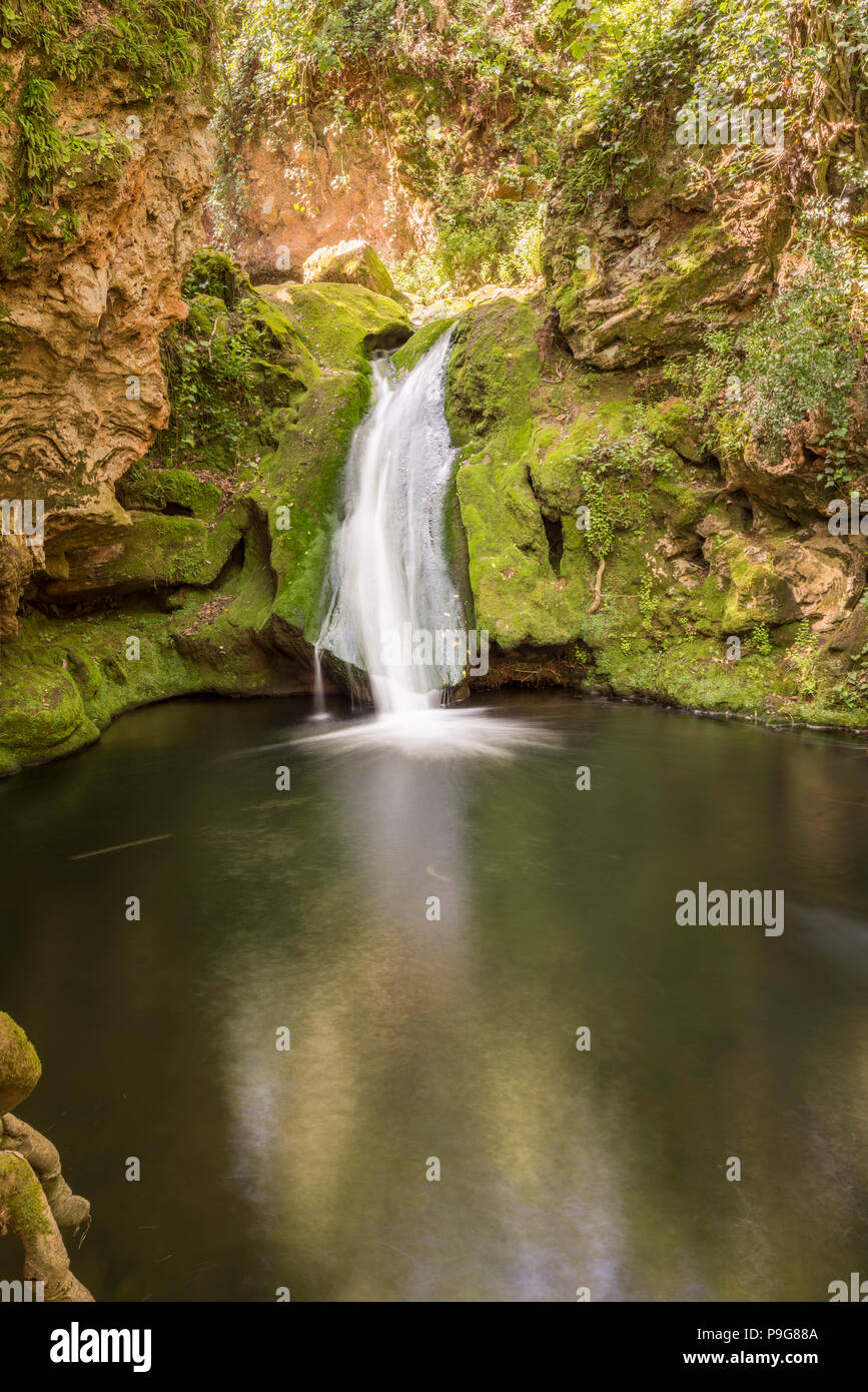 Small waterfall falling into a pool of water, with a background of ...