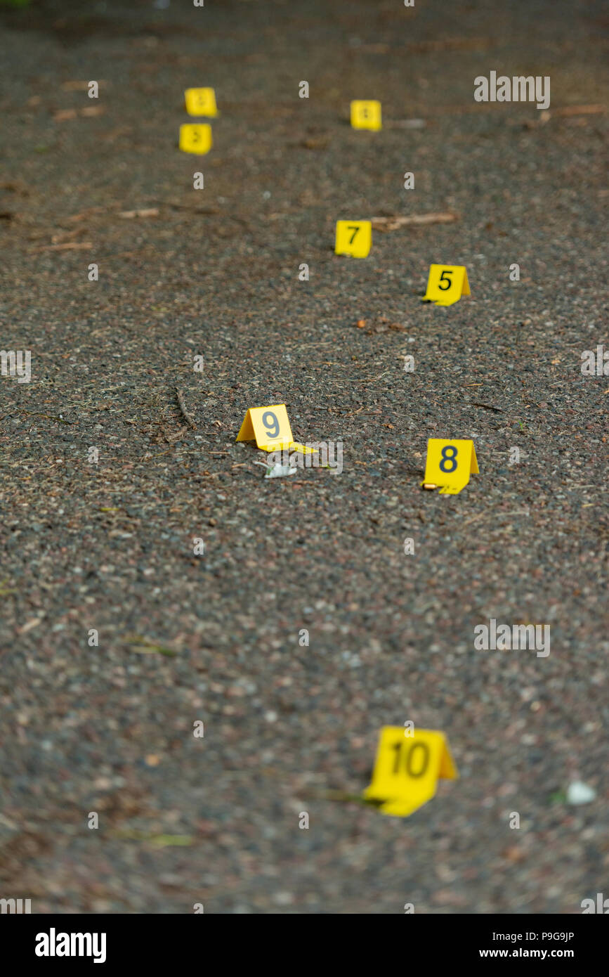 Crime scene markers on concrete with a shallow depth of field Stock ...