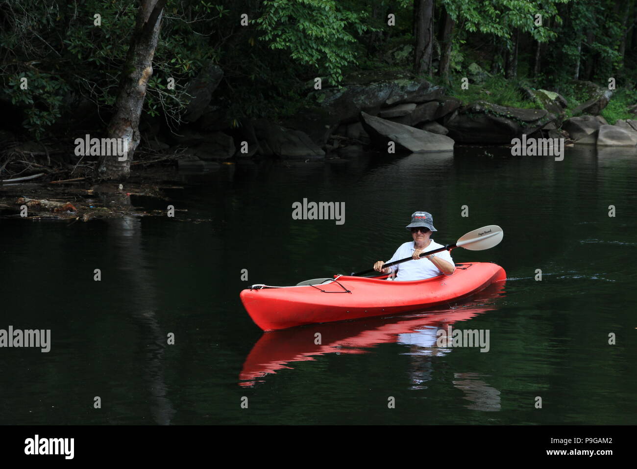 Kayaker on red kayak on Lake Santeetlah in North Carolina, United ...