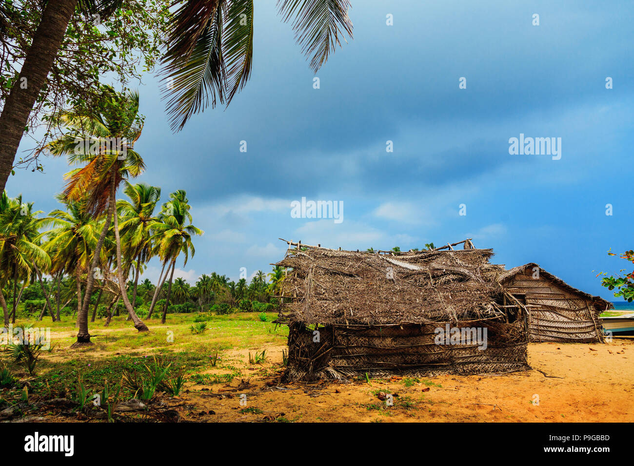 Thatched coconut leaf house or fishing hut on tropical beach ...