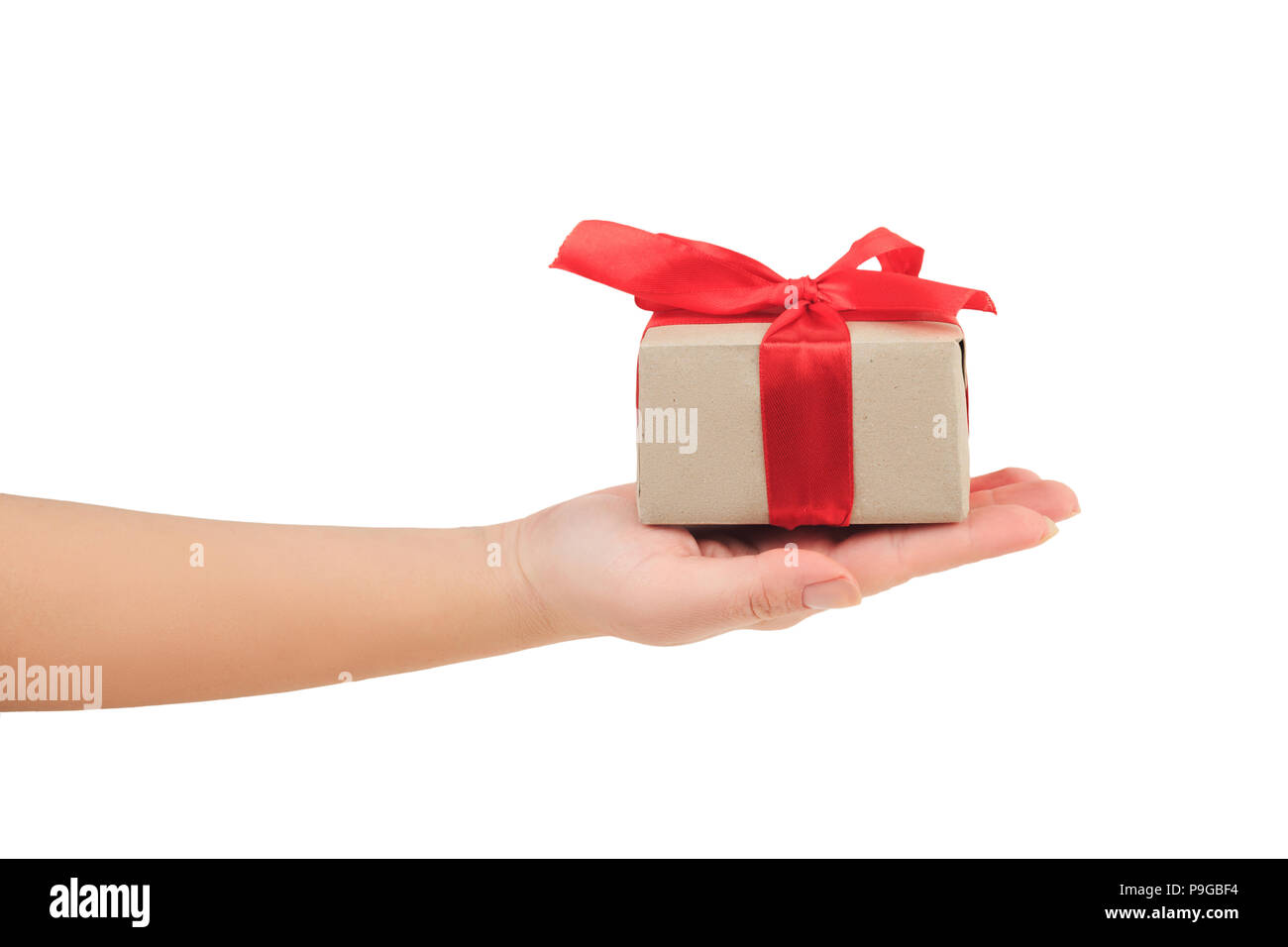 presentation of gift, present on the palm, hand giving a gift wrapped ...