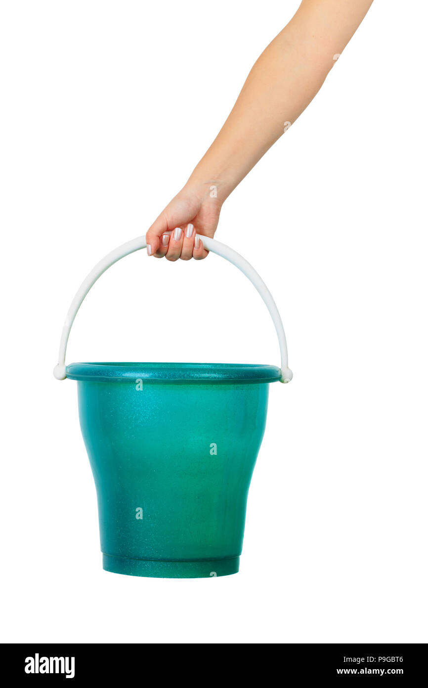 woman's hand holding a bucket on an isolated white background Stock ...