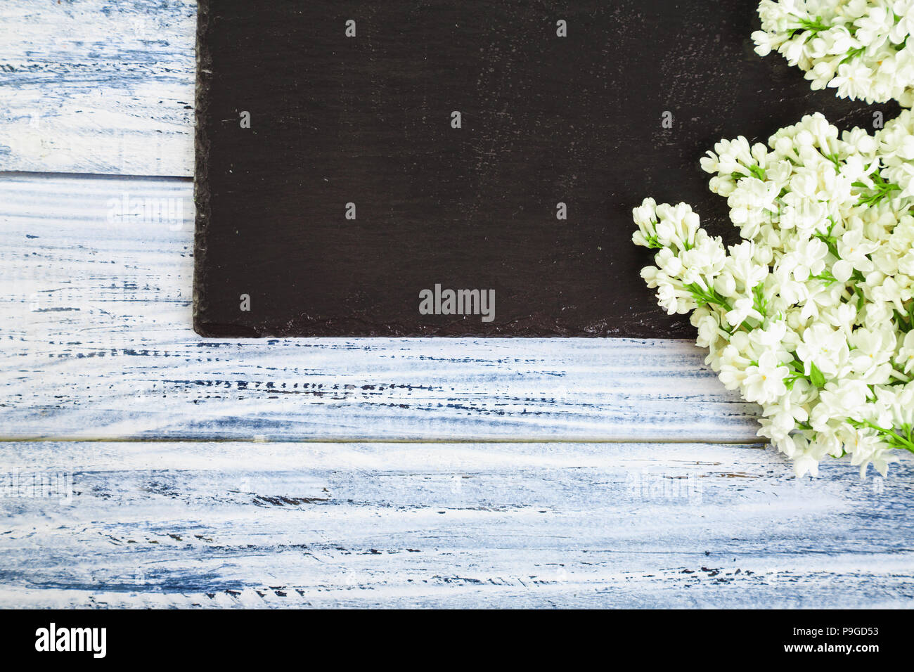 Purple and white lilac flowers against the background of a slate board ...