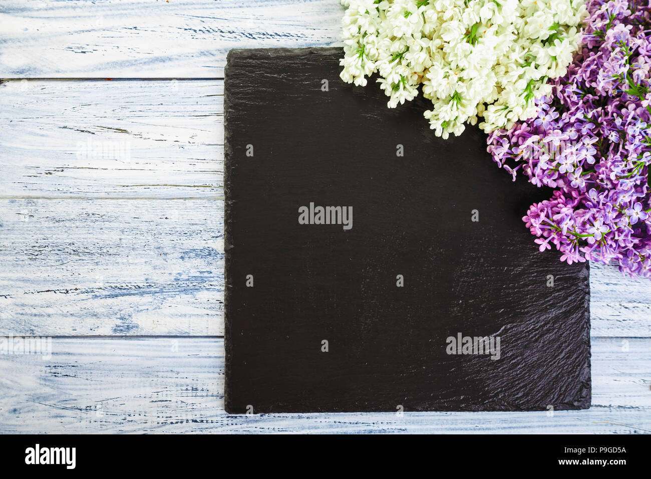 Purple and white lilac flowers against the background of a slate board ...