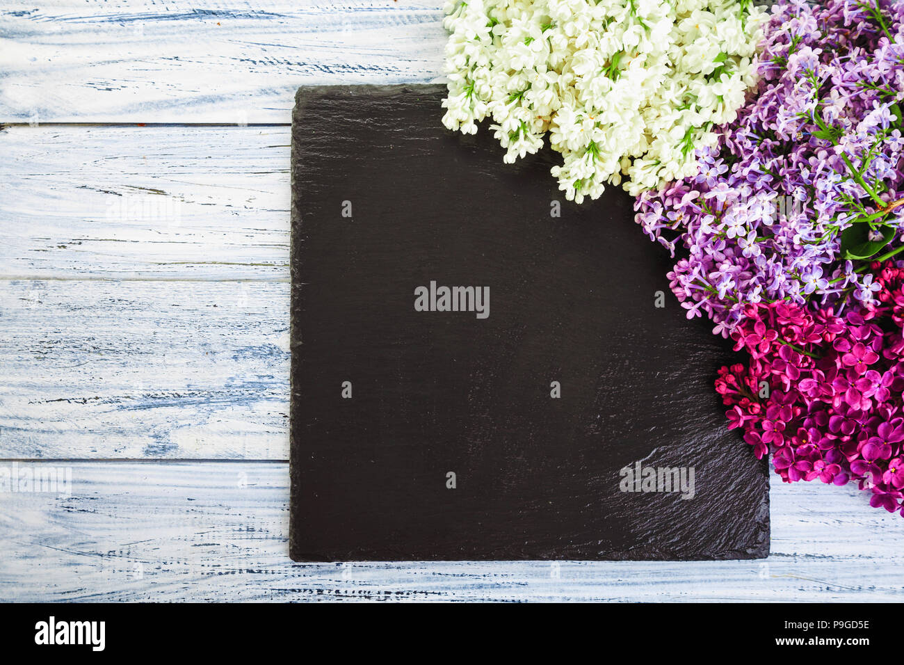 Purple and white lilac flowers against the background of a slate board ...