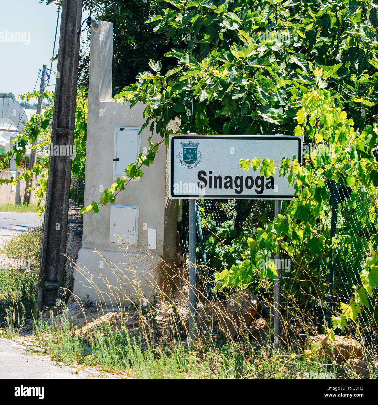 Sign to entrance to the town of Sinagoga which means Synagogue in ...