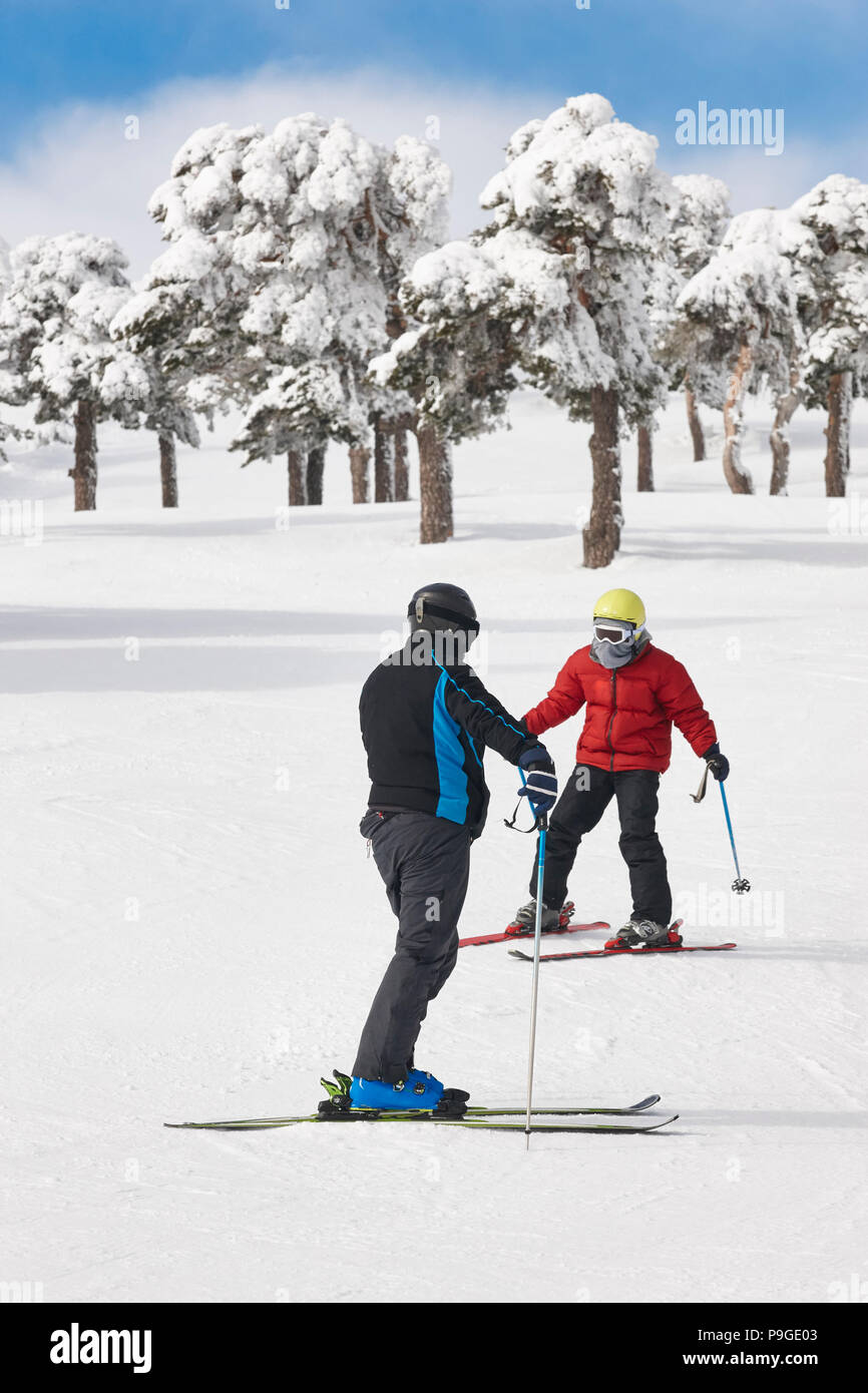 People skiing on a forest slope. White mountain landscape. Winter sport ...
