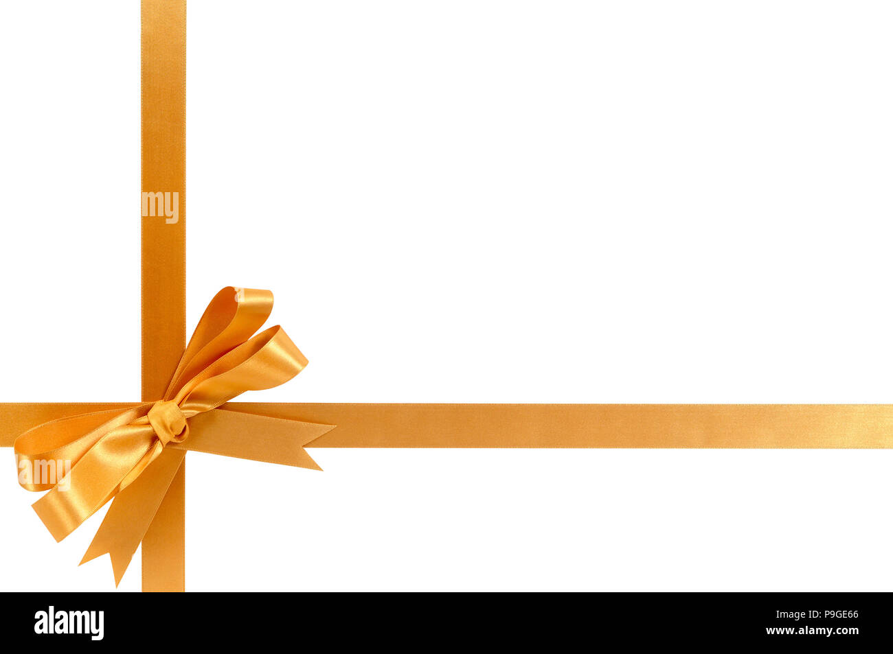 Gold gift ribbon bow horizontal bottom corner cross shape isolated on ...