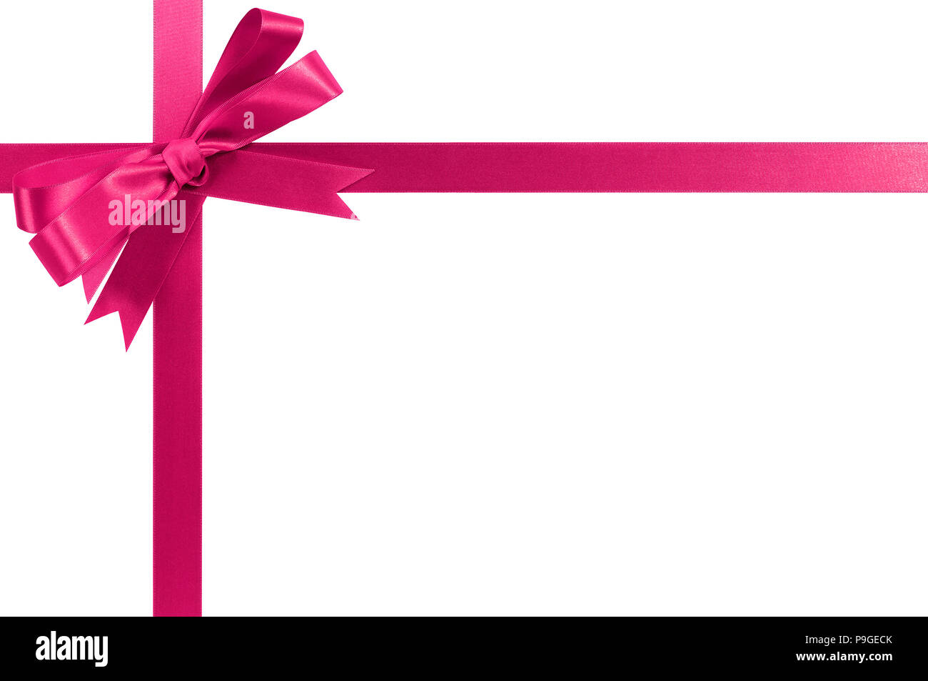 Pink gift ribbon bow horizontal corner cross shape isolated on white ...