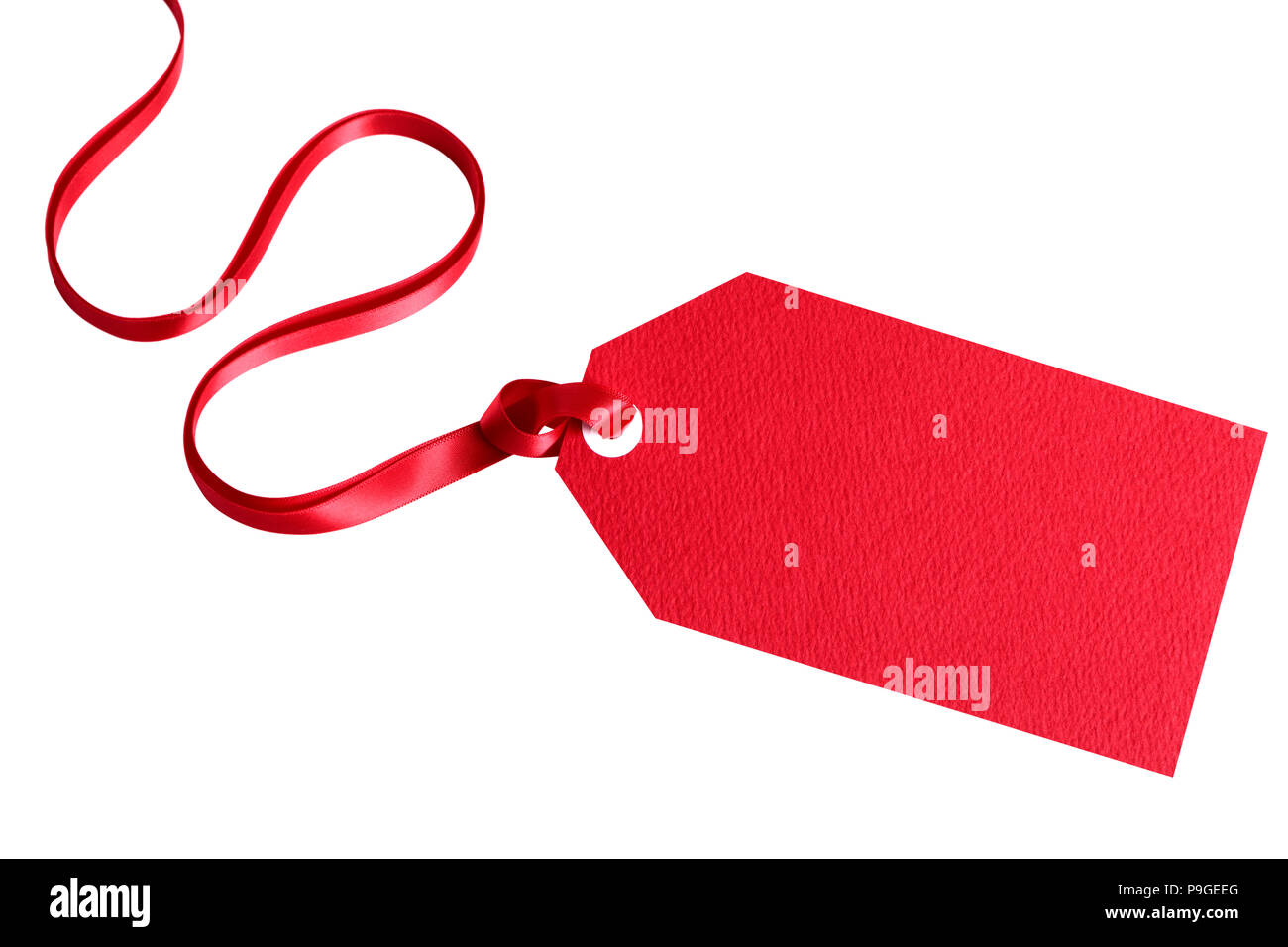Red gift tag tied with red ribbon isolated on white Stock Photo - Alamy