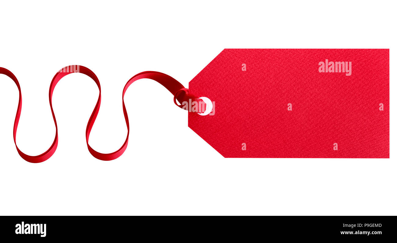 Red gift tag tied with red ribbon isolated on white Stock Photo - Alamy