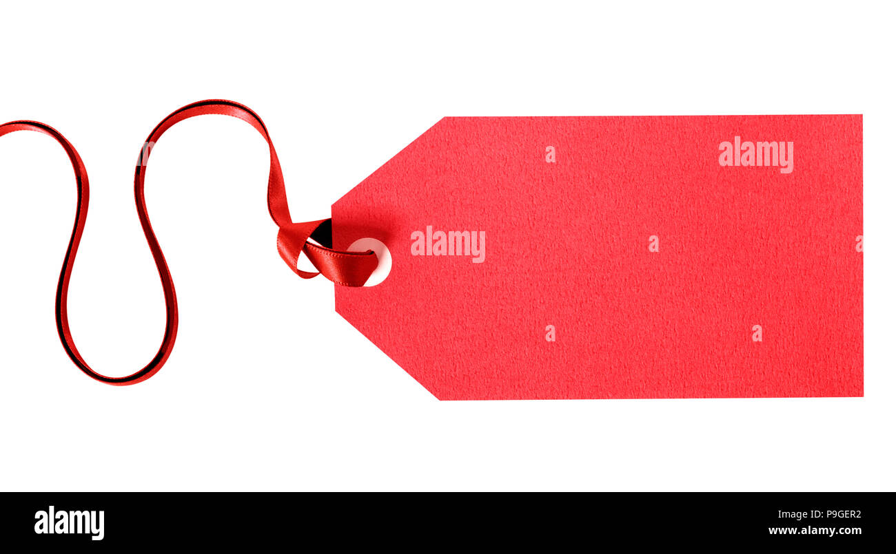 Red gift tag tied with red ribbon isolated on white Stock Photo - Alamy