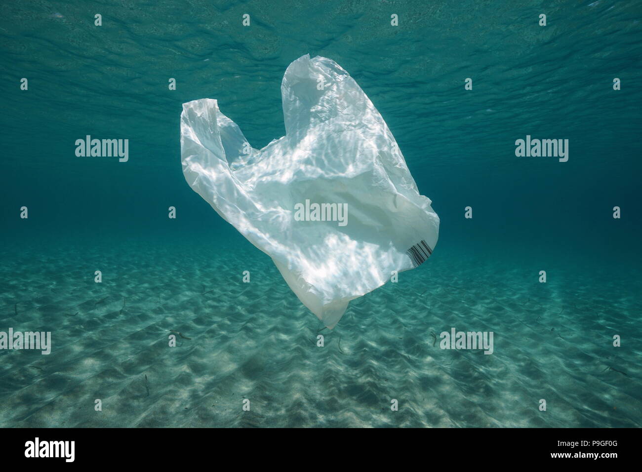 Plastic waste underwater, a plastic bag in the Mediterranean sea ...
