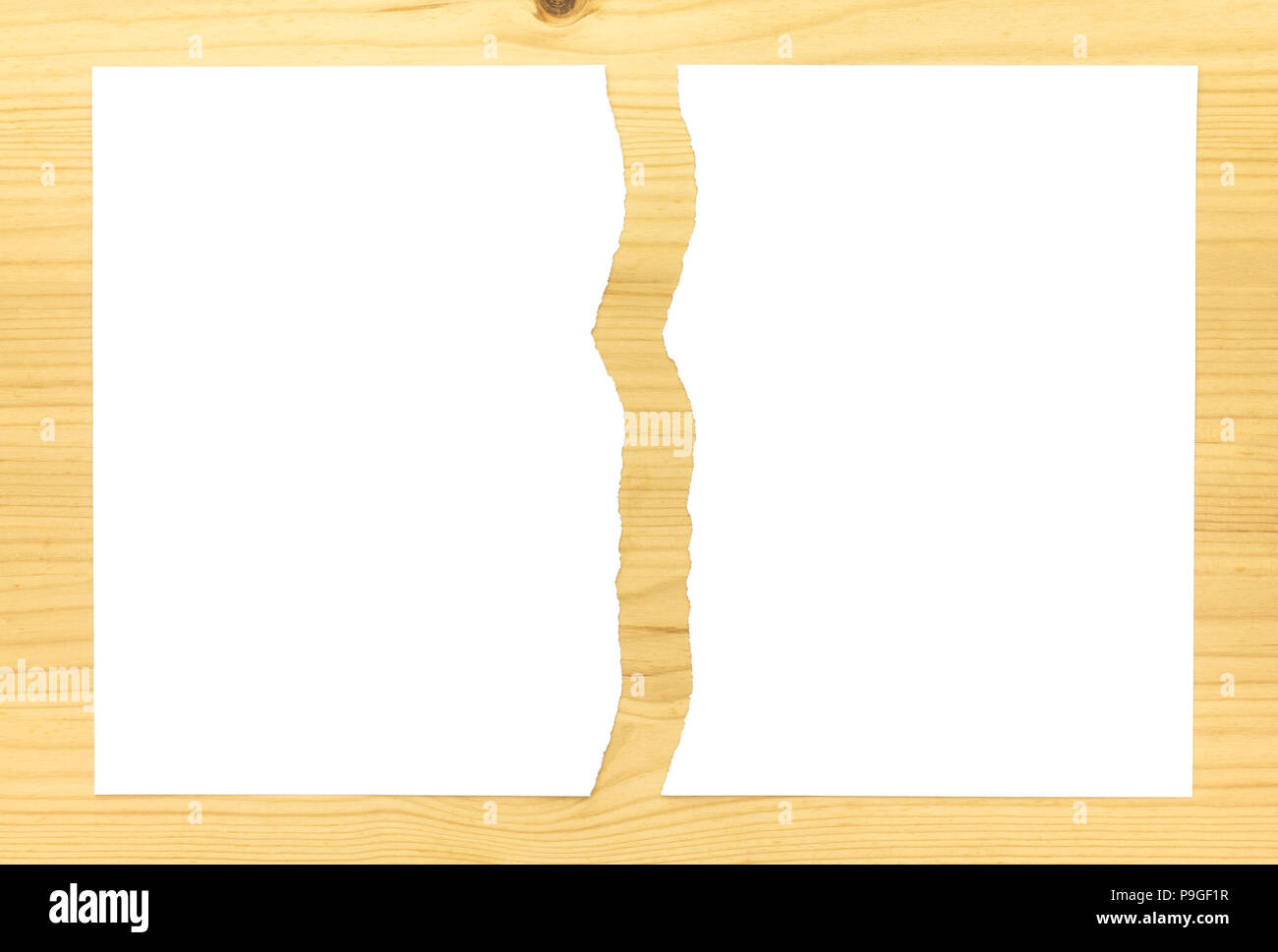 White Ripped Paper in Half on Wood Background. White torn paper 2 part ...