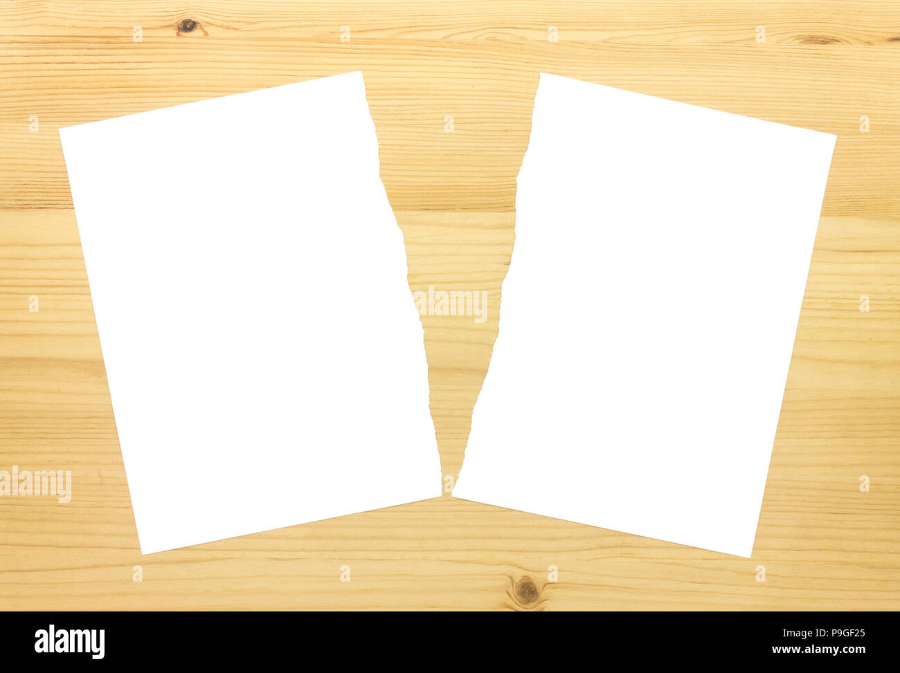 White Ripped Paper in Half on Wood Background. White torn paper 2 part ...