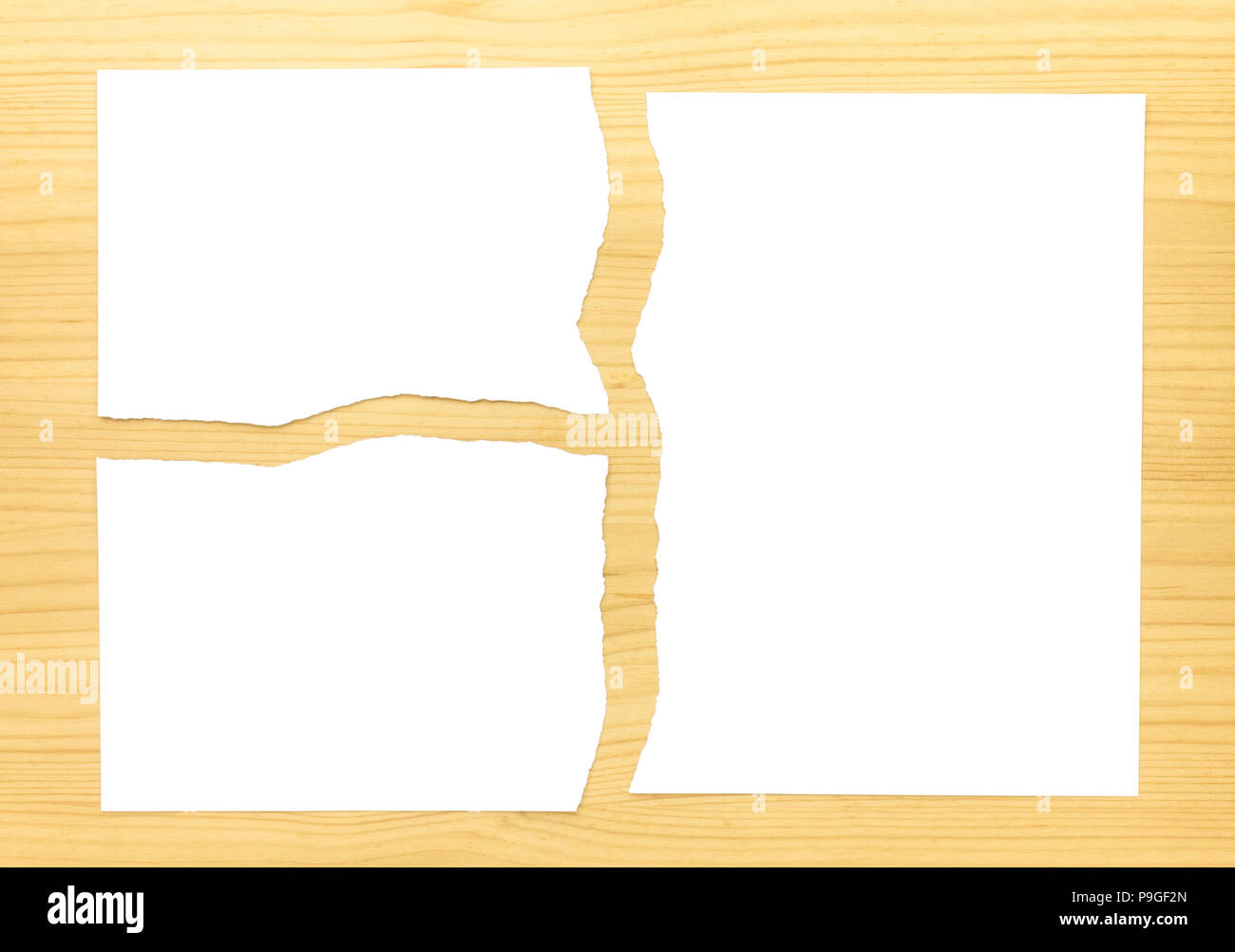 White Ripped Paper 3 Parts on Wood Background. White torn paper 3 part ...