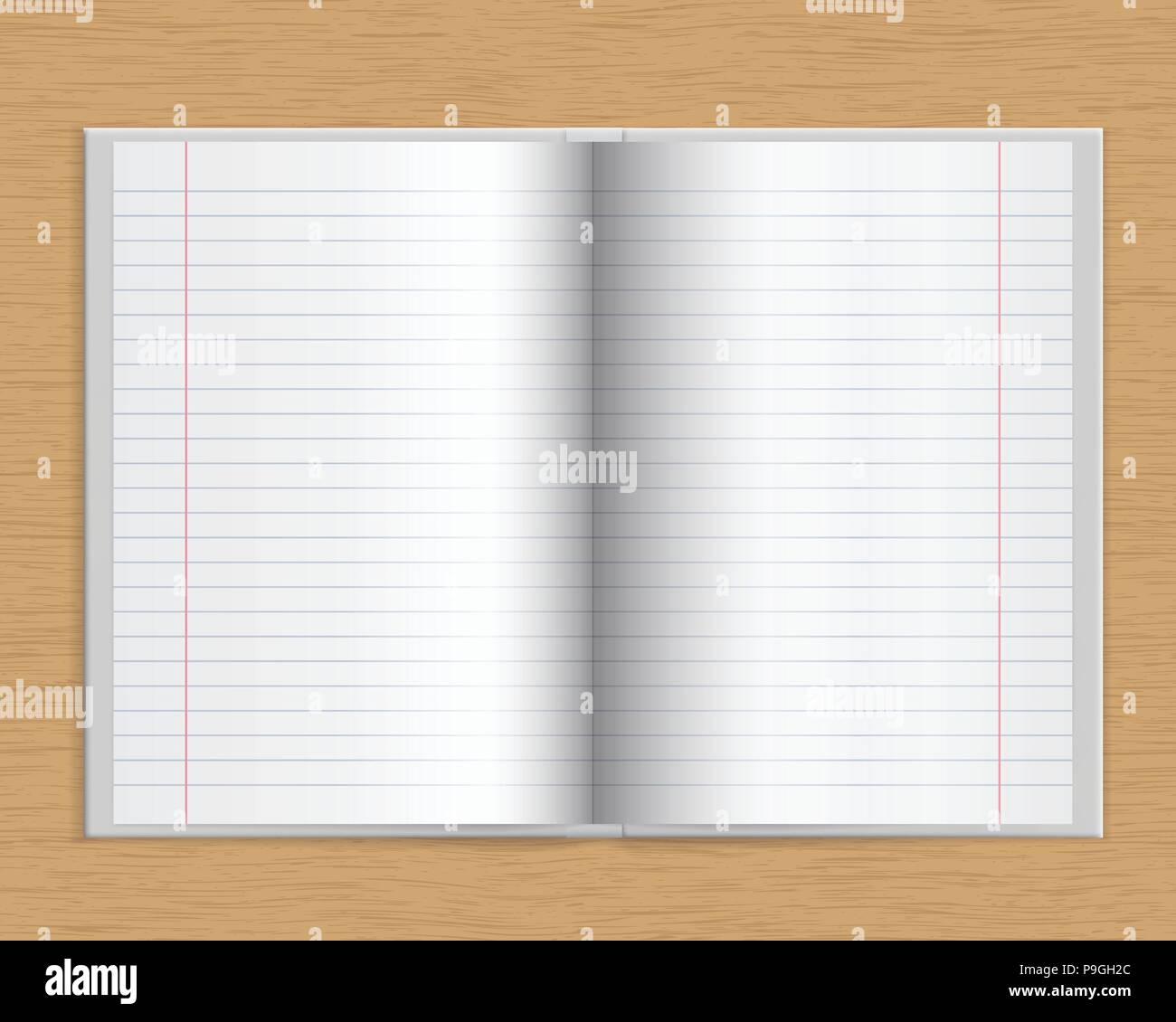 Open notebook with hard cover and of lined paper on a wooden table top ...