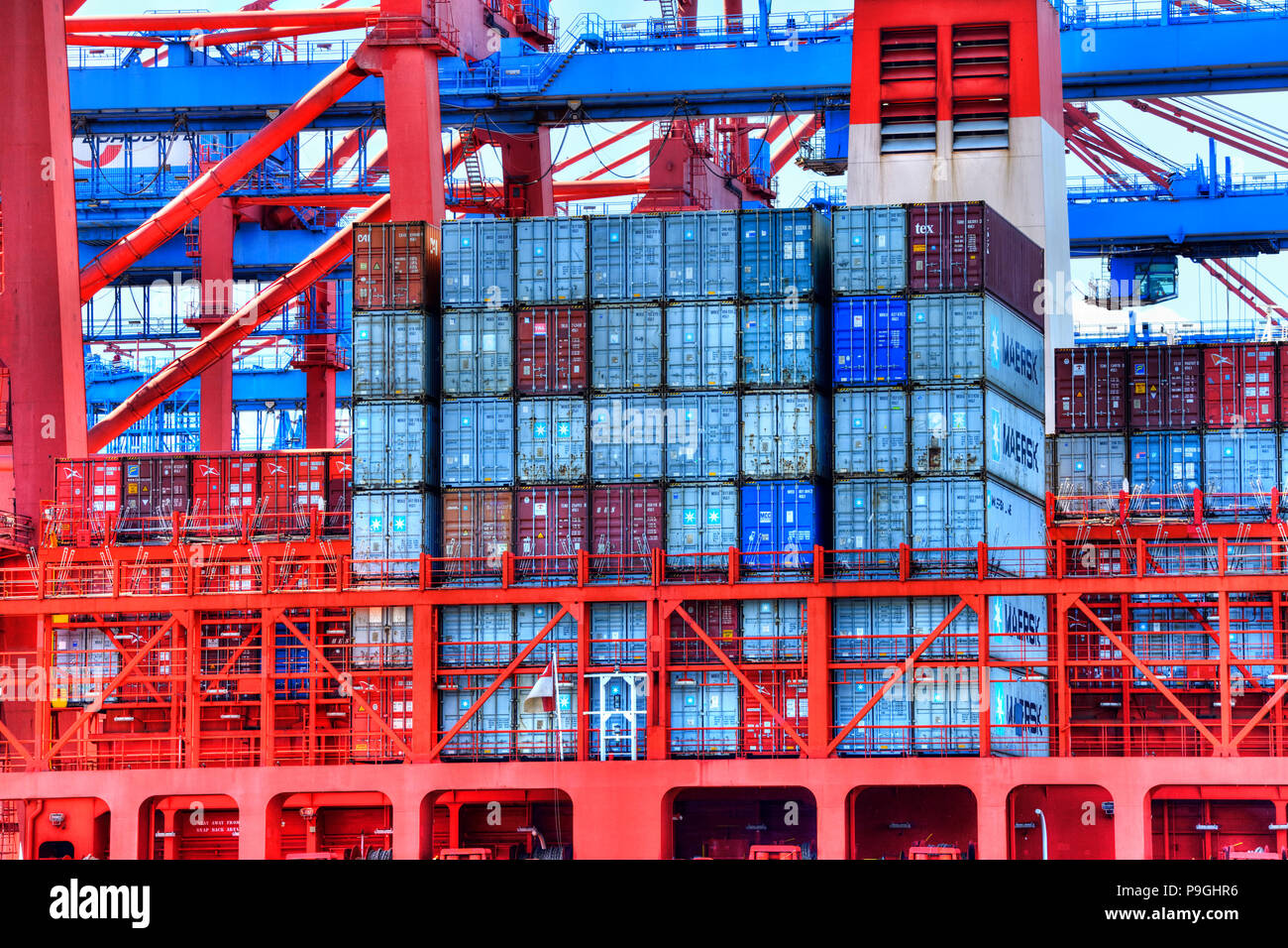 Stacked containers on a container ship in the Port of Hamburg, Germany ...