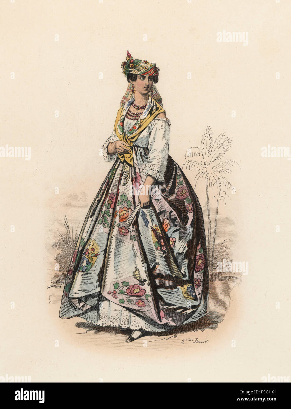 Mulatto woman from Martinique island, Color engraving 1870 Stock Photo ...