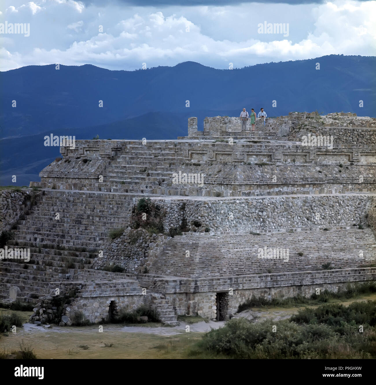 View of the stepped stone pyramid of the ancient city of Monte Alban ...