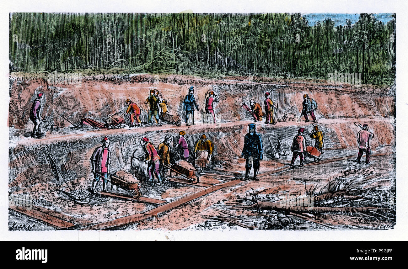 Chinese laborers working on the Transiberian railway works, engraving ...