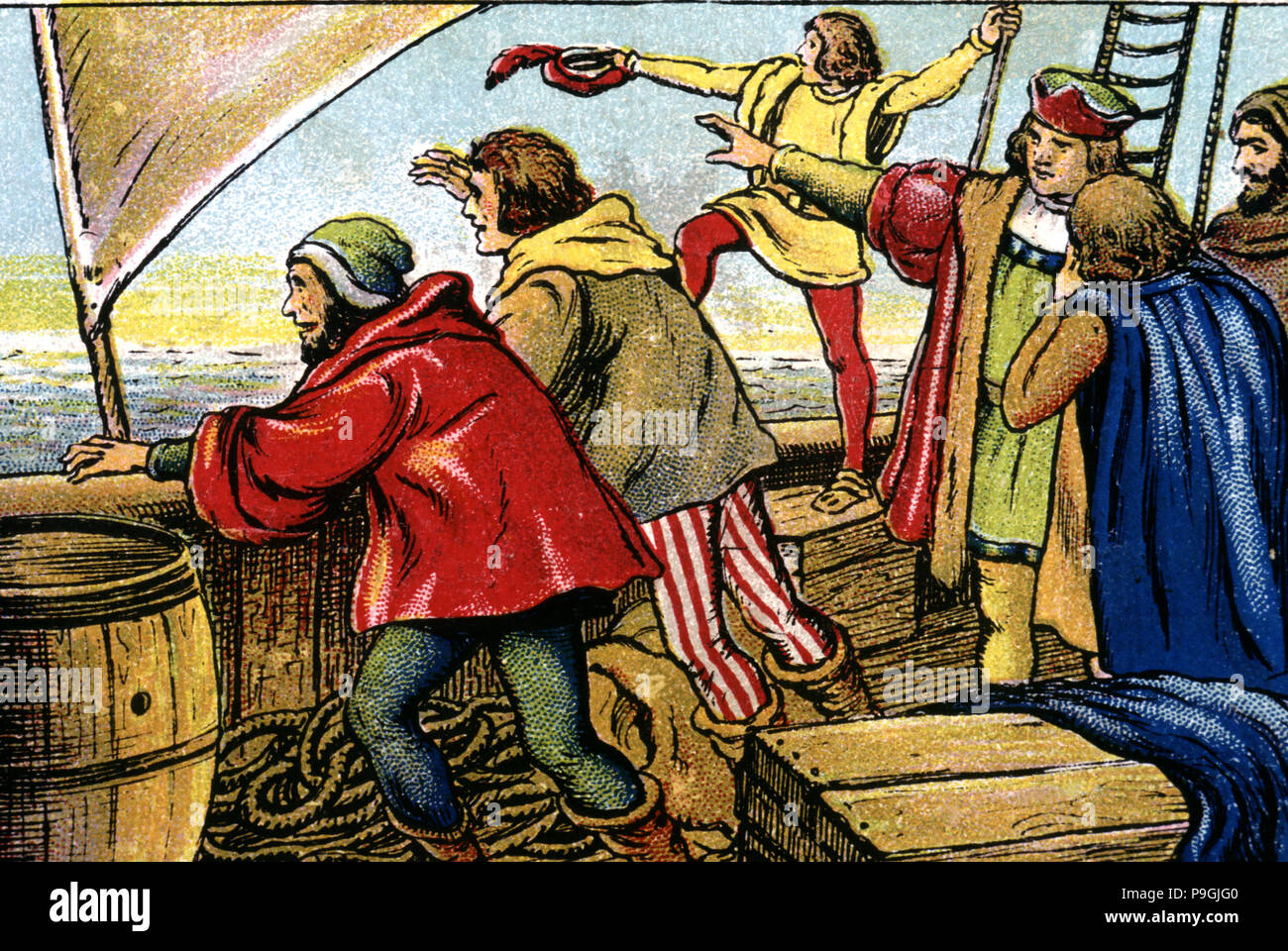 Scene of the discovery of America, sailors of the caravel 'La Pinta ...