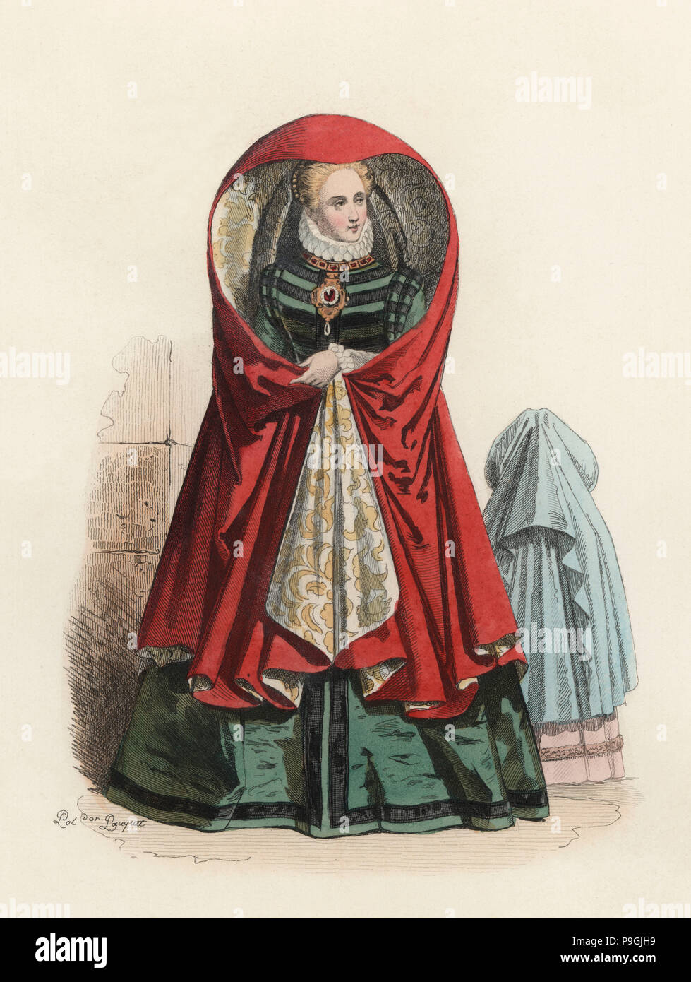 Noble lady of Antwerp, in the modern age, color engraving 1870 Stock ...