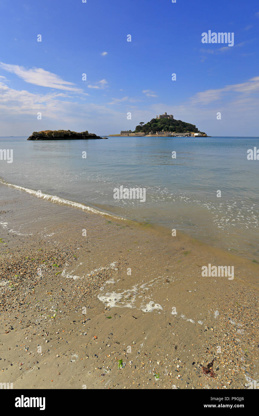St Micheal's Mount at high tide and Marazion beach in Mount's Bay near ...