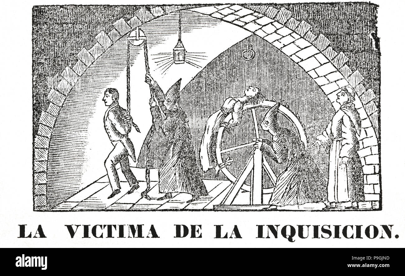 Popular engraving showing a scene of the Inquisition with various ...