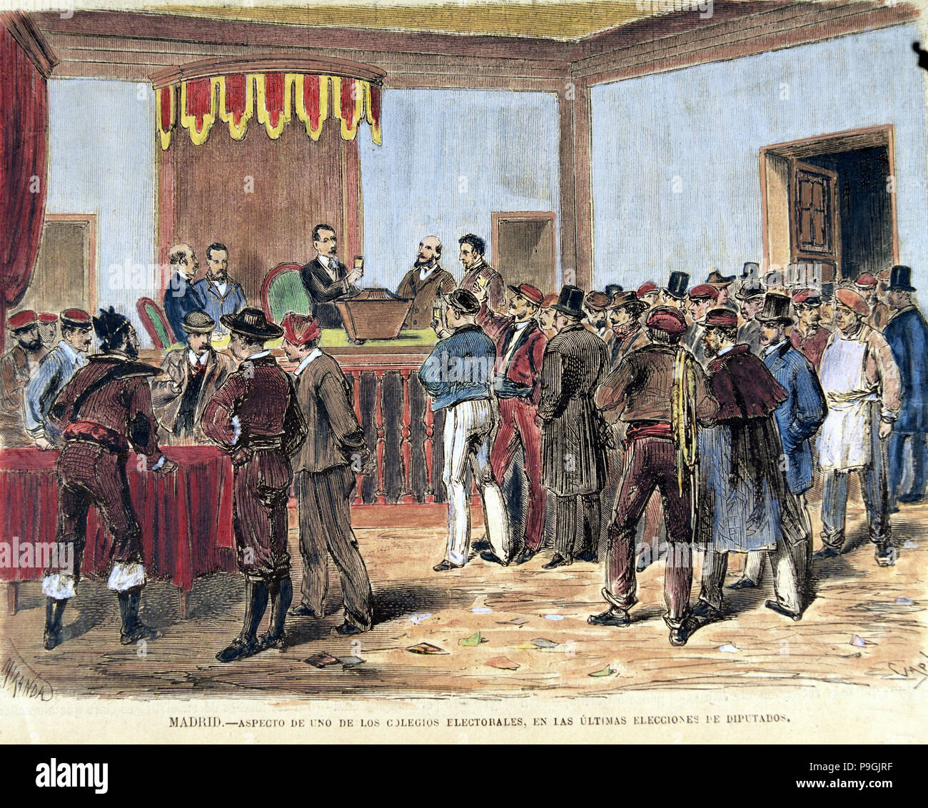 Opening of the ballot boxes of the polling places in 1871, colored ...