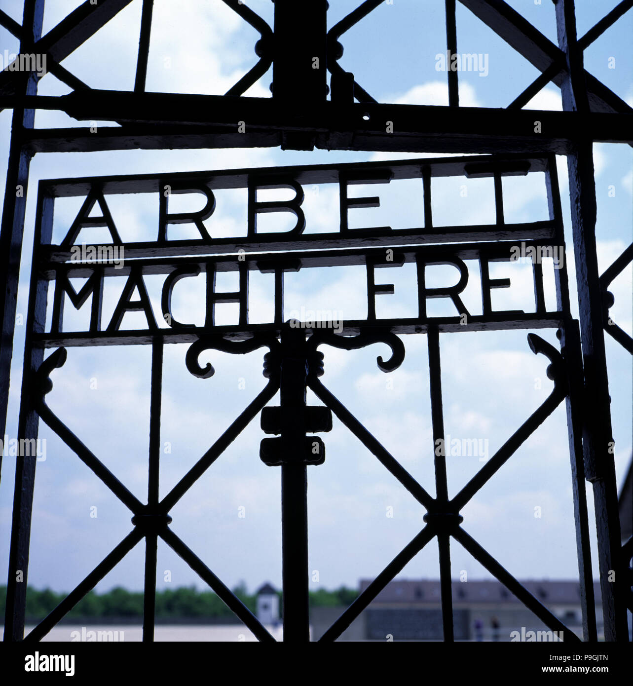 Entrance gate to the concentration camp of Dachau, with the inscription ...