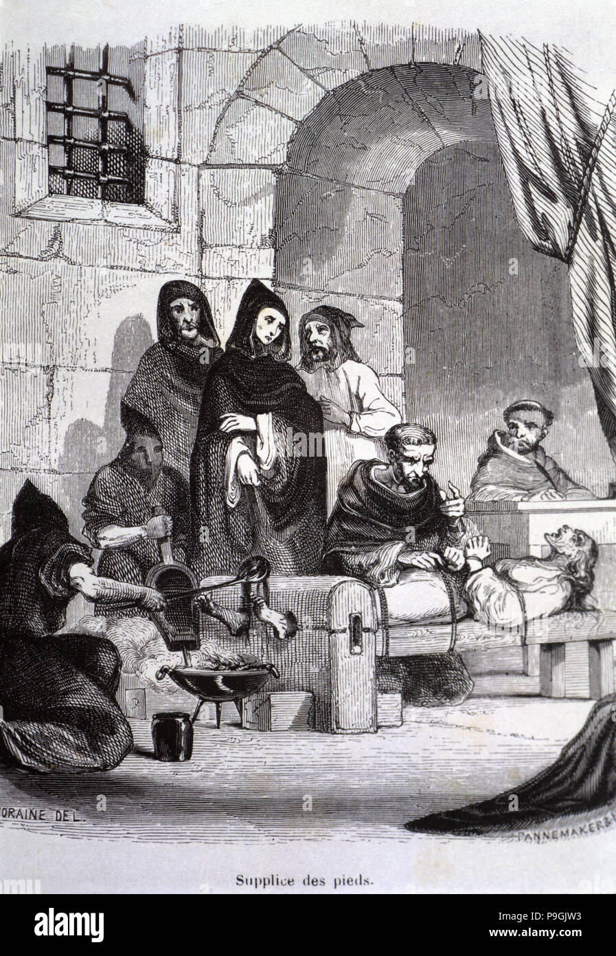 Dungeons of the Inquisition, executioners applying the torment of fire ...