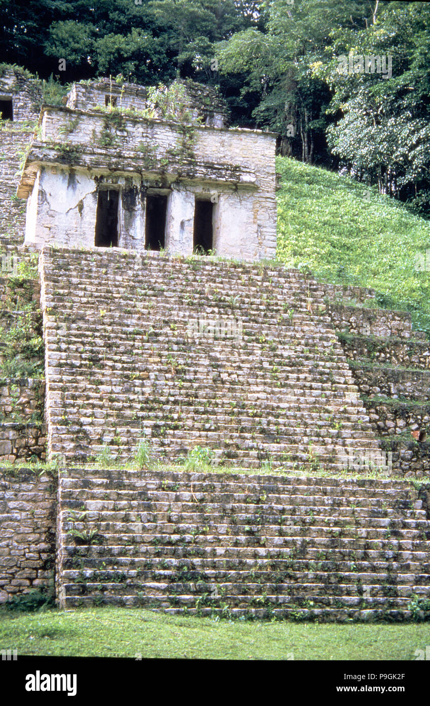 Detail of the staircase and top wall of the pyramid of the Mayan ruins ...