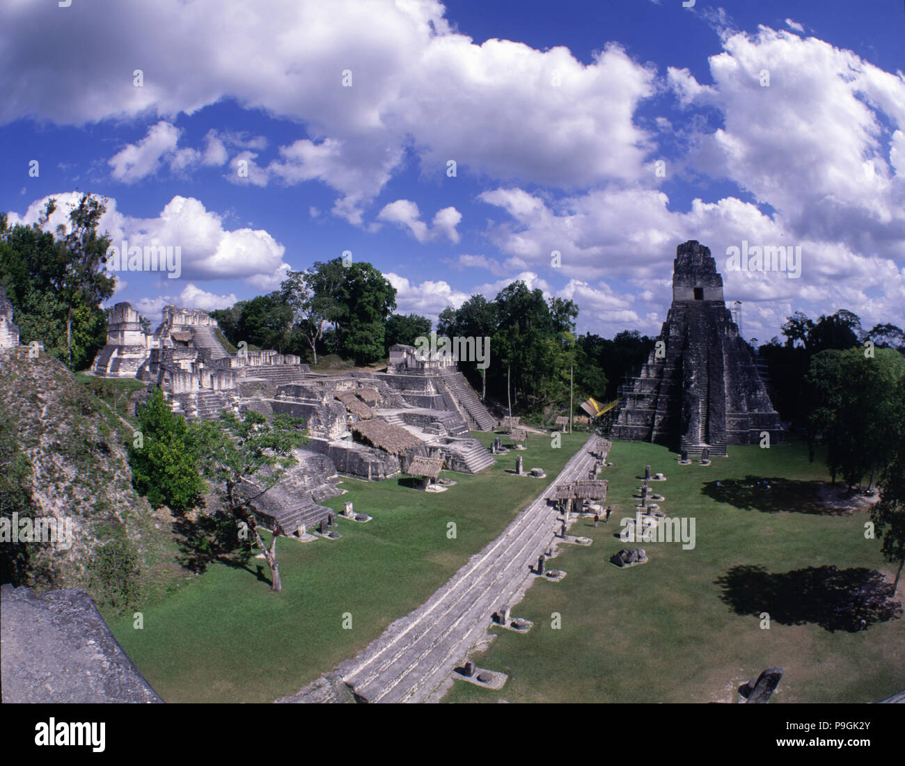 Overview of the Mayan ruins with the Great Plaza and Temple I Stock ...