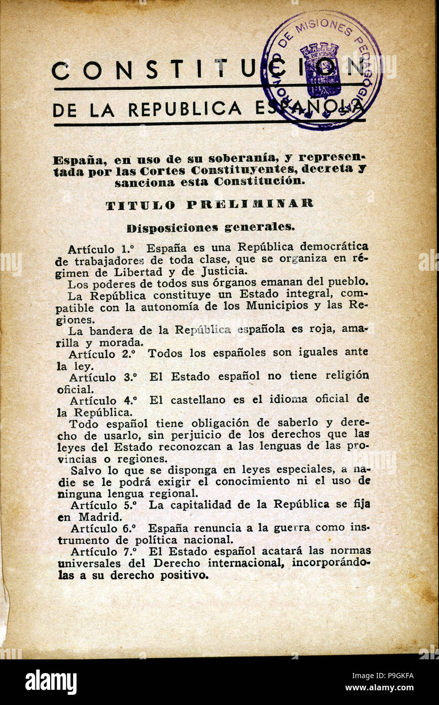 First page of the text of the Constitution of the Second Spanish ...
