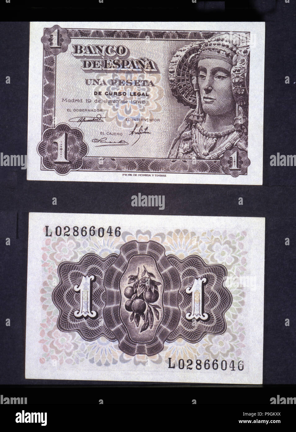 A one-peseta note, 1948, with the effigy of the Lady of Elche Stock ...