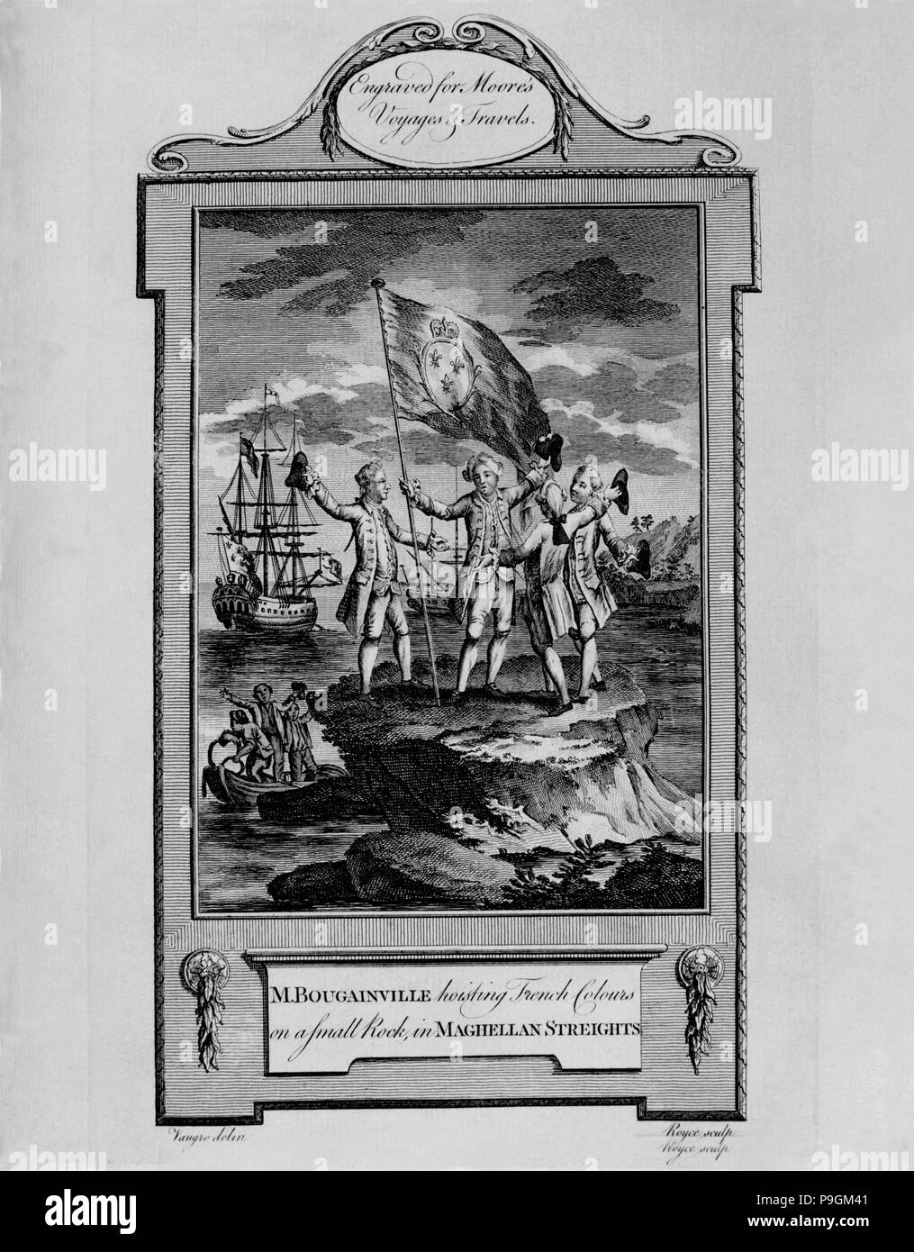 Bougainville raising the flag of France on a rock in the Strait of ...