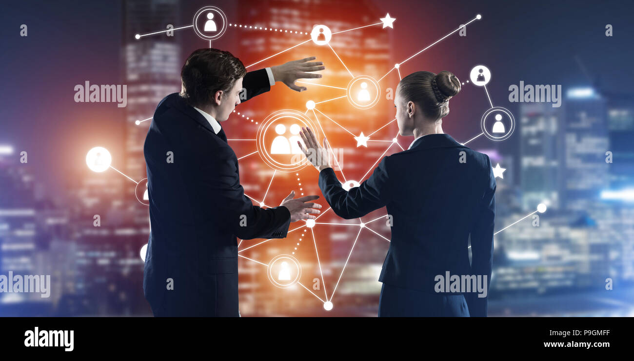 Concept of social connection and networking against night city view and ...