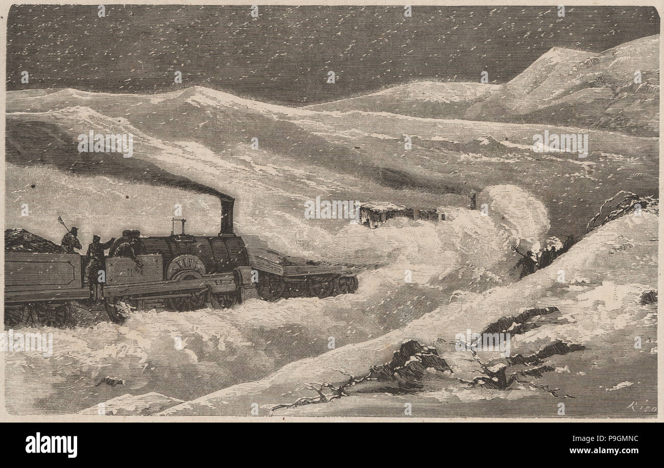 Train blocked by snow in the Guadarrama pass in winter 1874, engraving ...