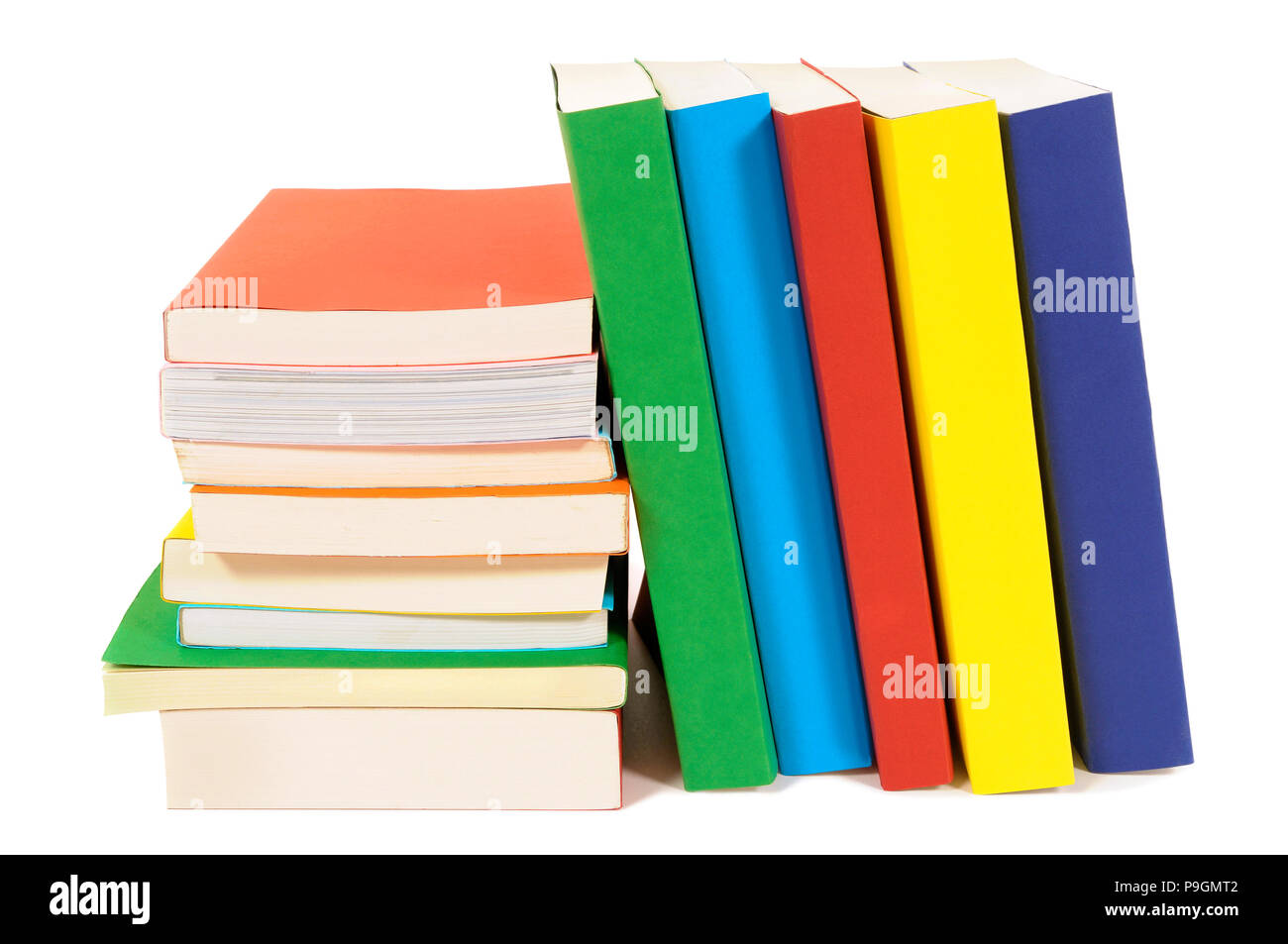 Small pile and leaning row of colorful books isolated on white Stock ...