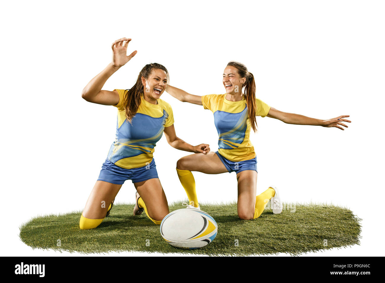 The young female rugby players isolated on white backround Stock Photo ...