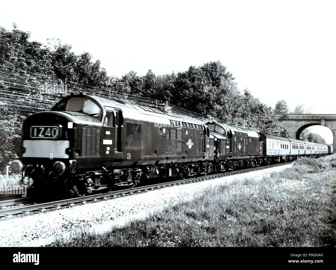 English Express train pulled by two diesel locomotives, travelling at ...