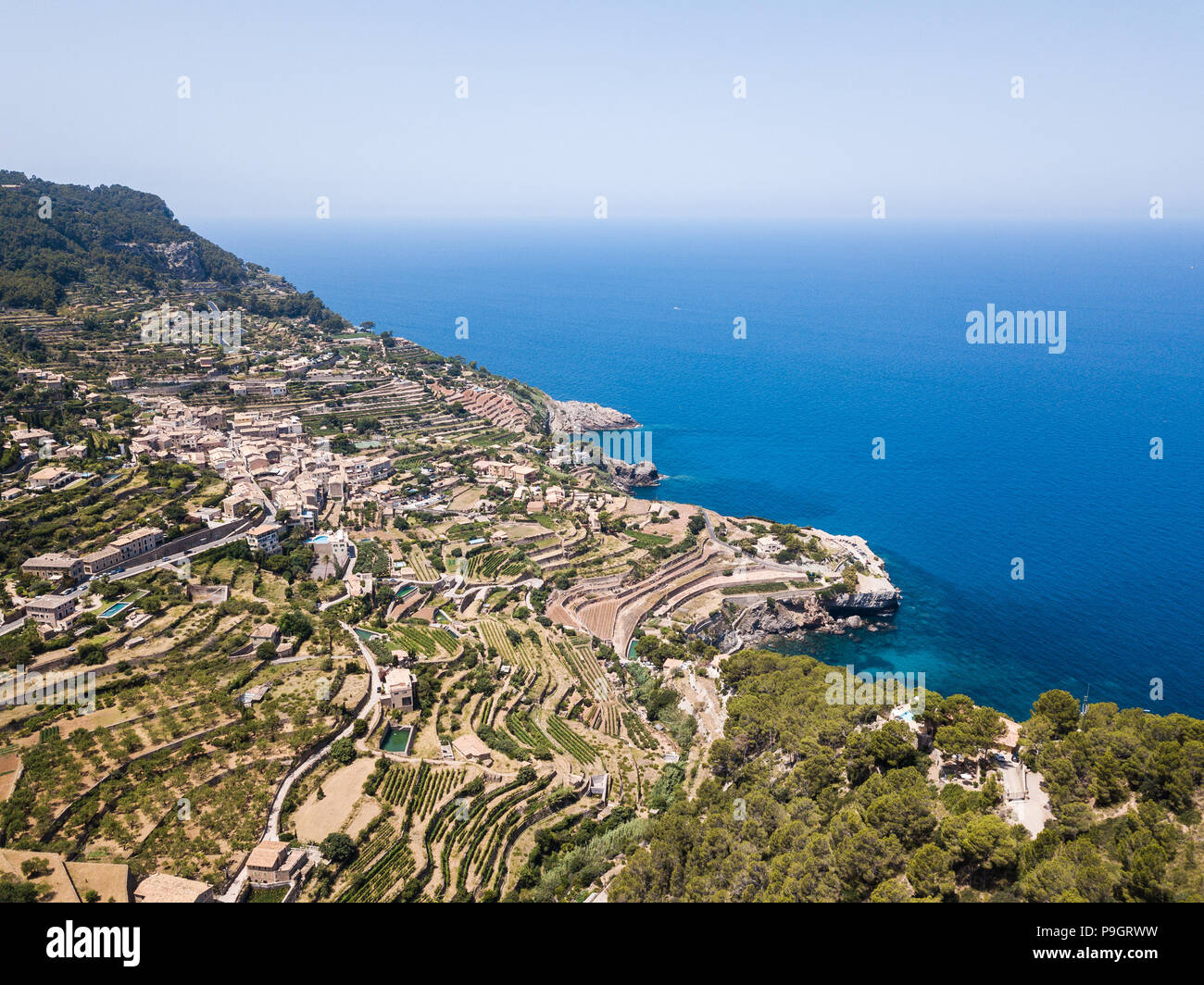 Aerial: Banyalbufar town in Mallorca Stock Photo - Alamy