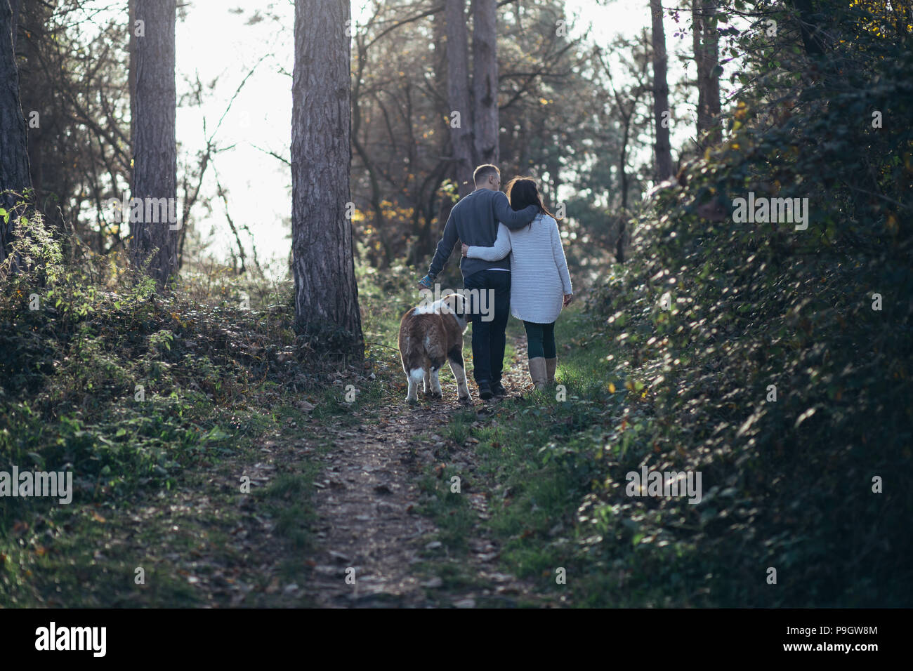 People and dogs. Young couple enjoying nature outdoors together with ...