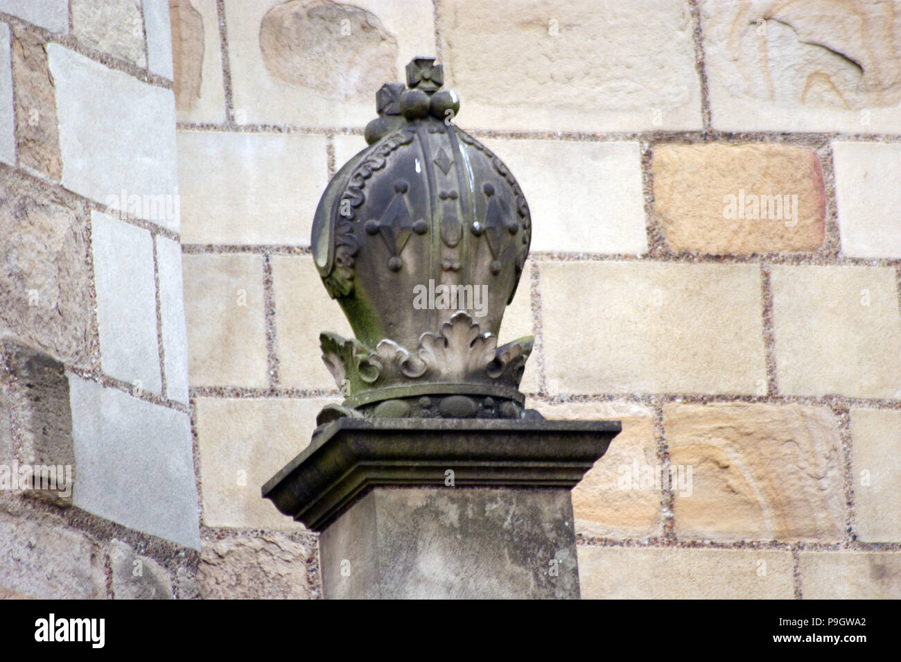Bishop of Durham Stone Mitre Carving on a Plinth Stock Photo - Alamy