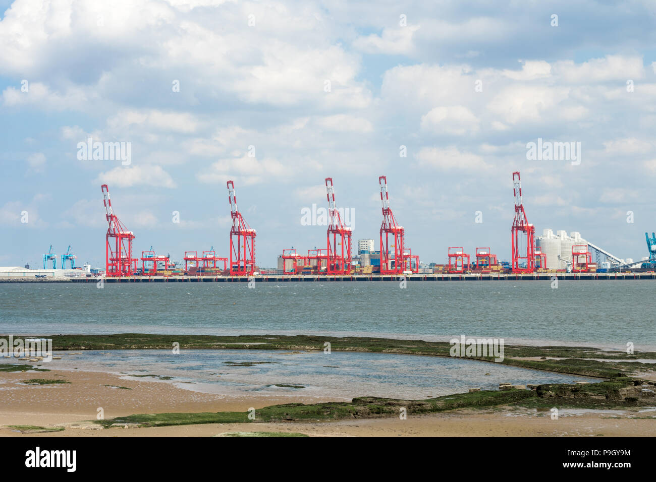 Liverpool docks coastline with cranes, as seen from New Brighton Stock ...